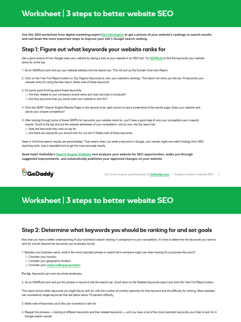 Godaddy Worksheet 3 Step SEO Checklist | PDF | Search Engine ...
