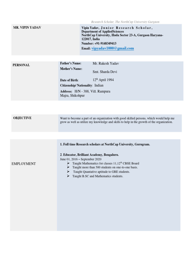 Vipin Resume | PDF | Educational Stages | Qualifications