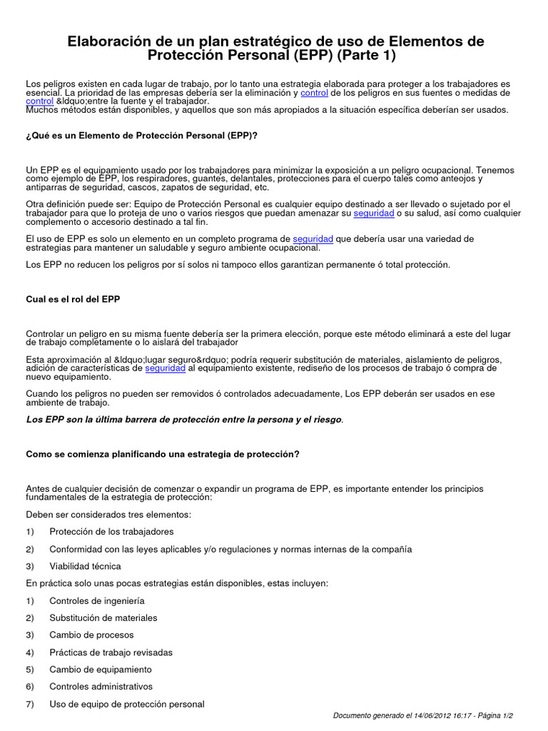 Elaboracion de Un Plan Estrategico de Uso de Elementos de Proteccion Personal Epp | Descargar ...
