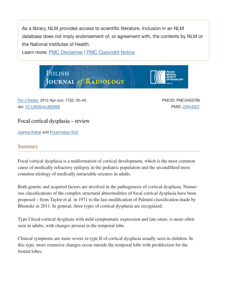 Focal Cortical Dysplasia - Review - PMC | PDF | Epilepsy | Cerebral Cortex