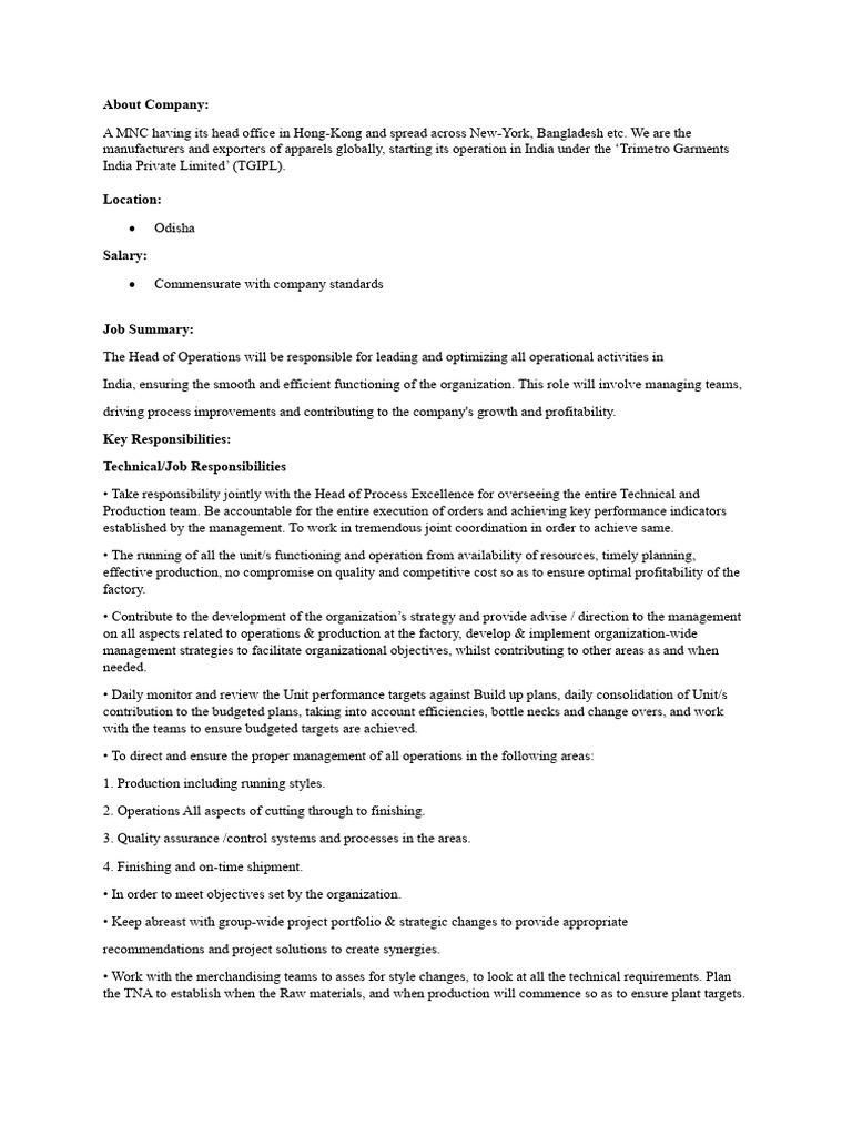 JD - Operation Head | PDF | Performance Indicator | Business