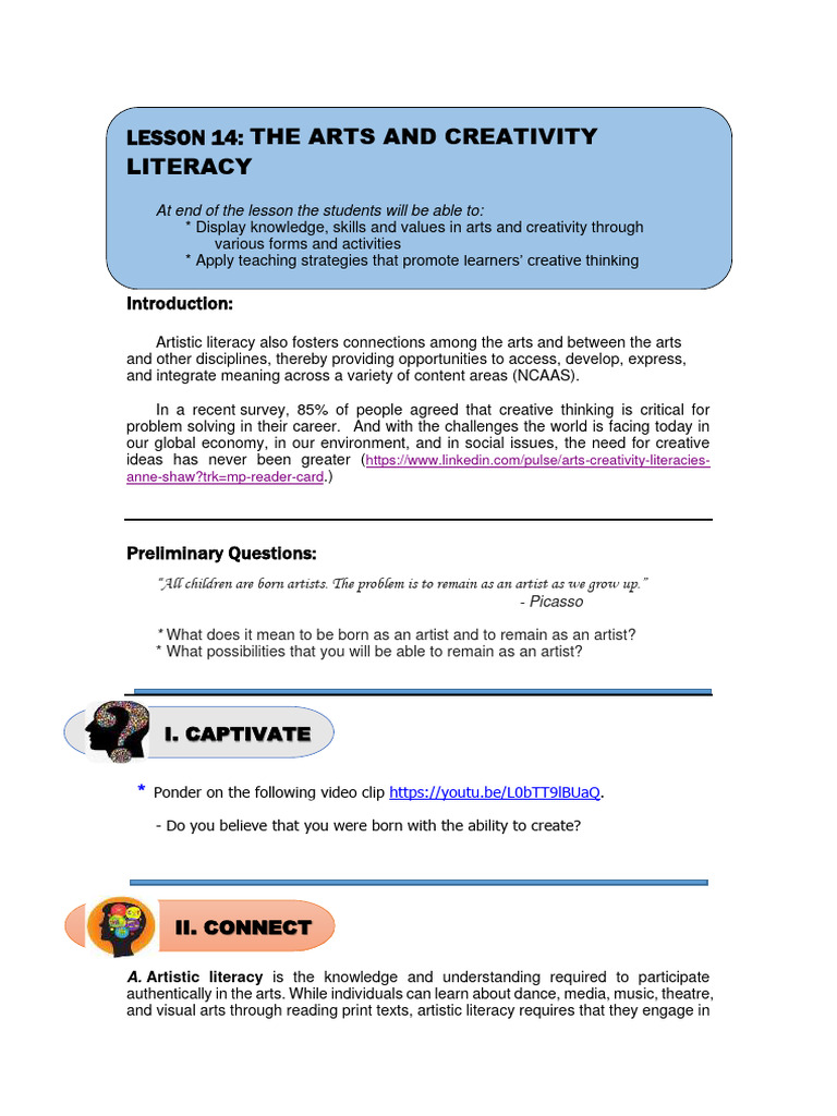 Lesson 14 ARTS-CREATIVITY - LITERACY | PDF | The Arts | Creativity