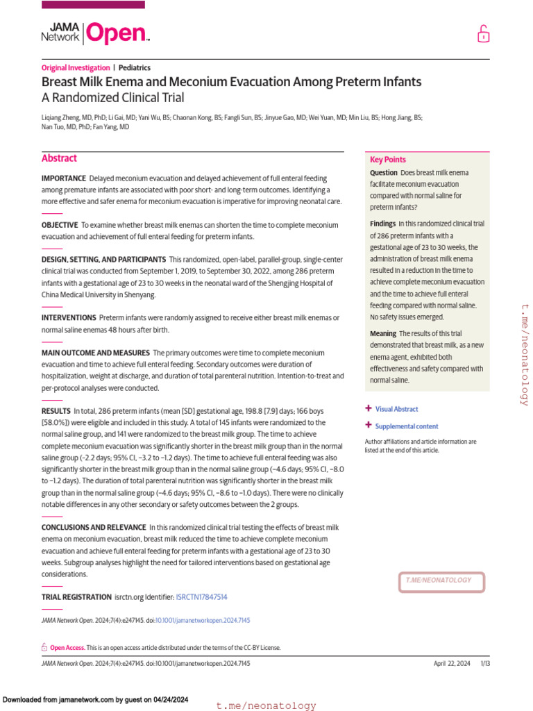 Breast Milk Enema and Meconium Evacuation Among Preterm Infants | PDF ...