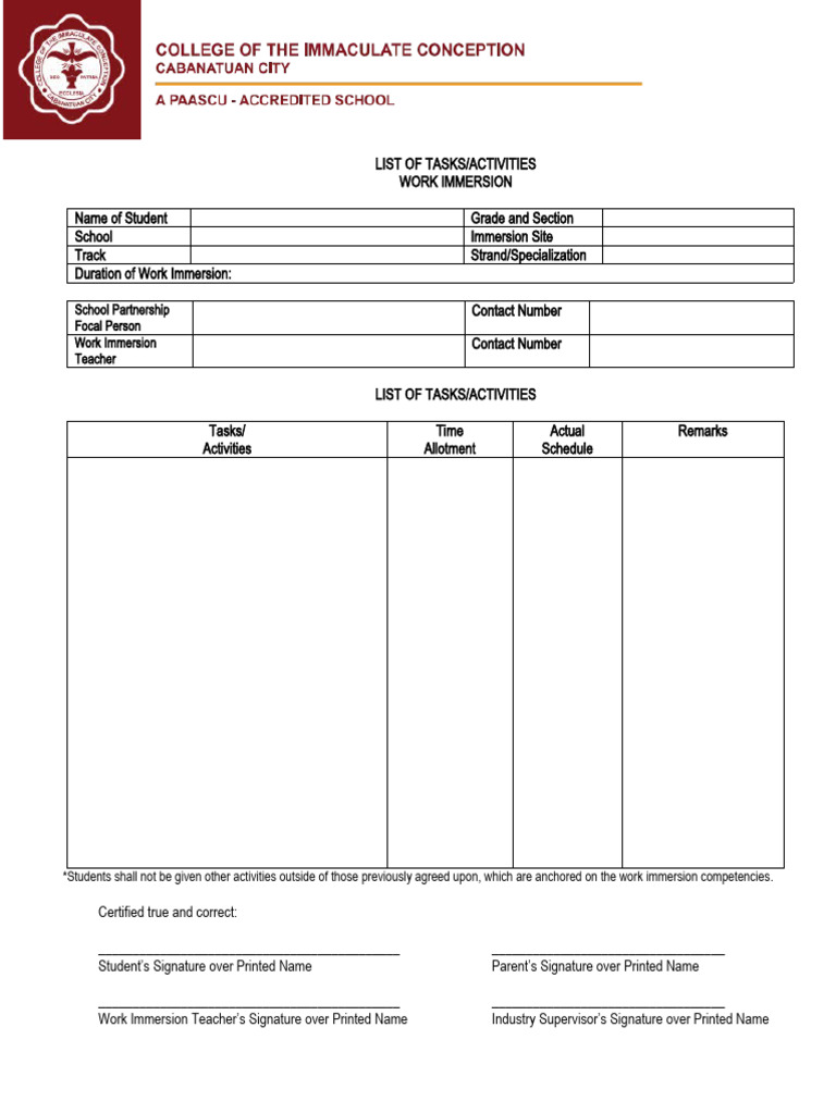 Work Immersion Task List Template | PDF