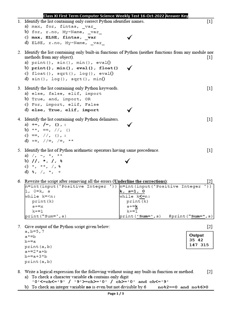 11 CSWTOct 2022 Ans Key | PDF | Python (Programming Language) | Computer Programming