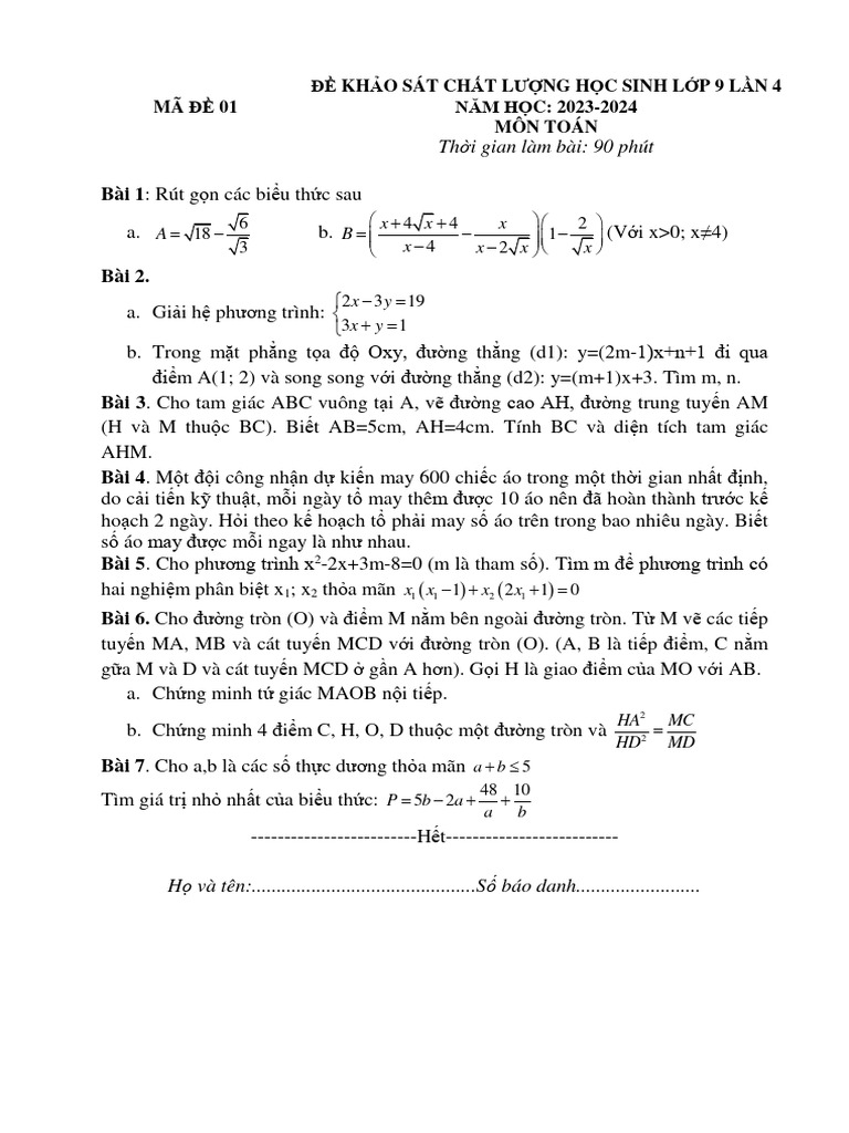 Đề và đáp án đề KSCL lần 4 | PDF