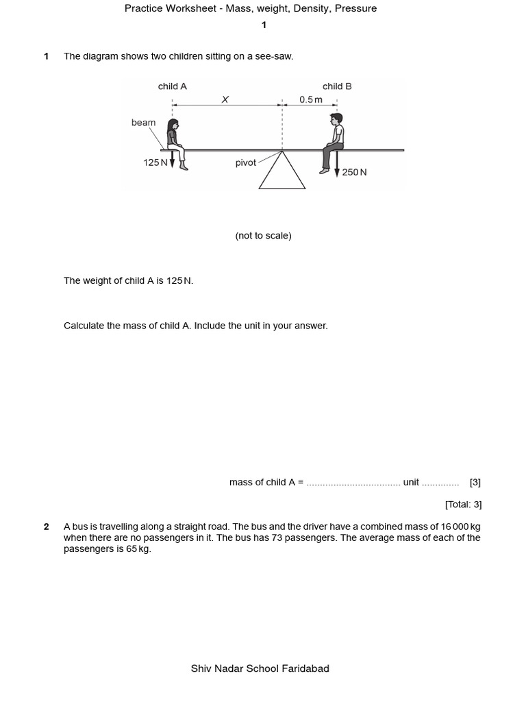 Practice Worksheet - Mass, Weight, Density, Pressure | PDF | Pressure | Density