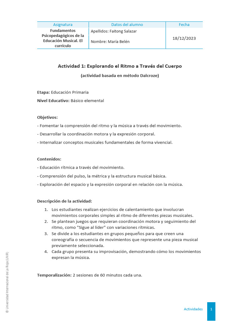 FUNDAMENTOS ACTIVIDAD 1: Explorando El Ritmo A Través Del Cuerpo | PDF ...