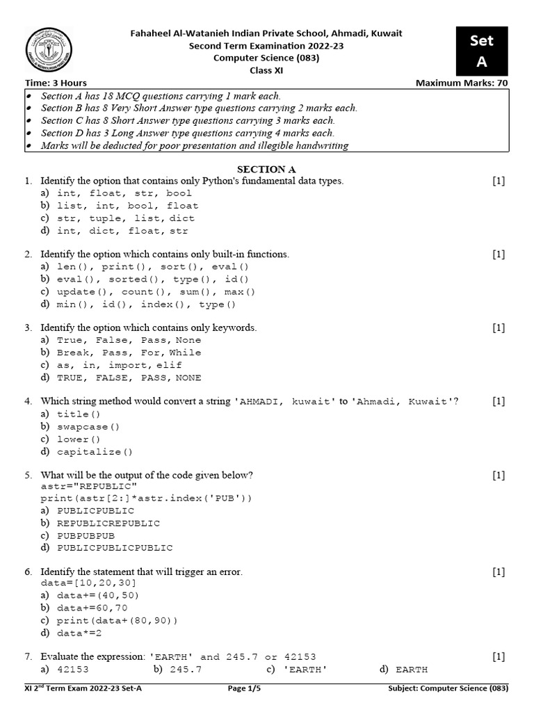 11CS T2 2022 23SetA | Download Free PDF | Python (Programming Language) | Control Flow