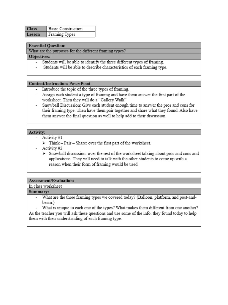 Framing Types Lesson Plan | PDF
