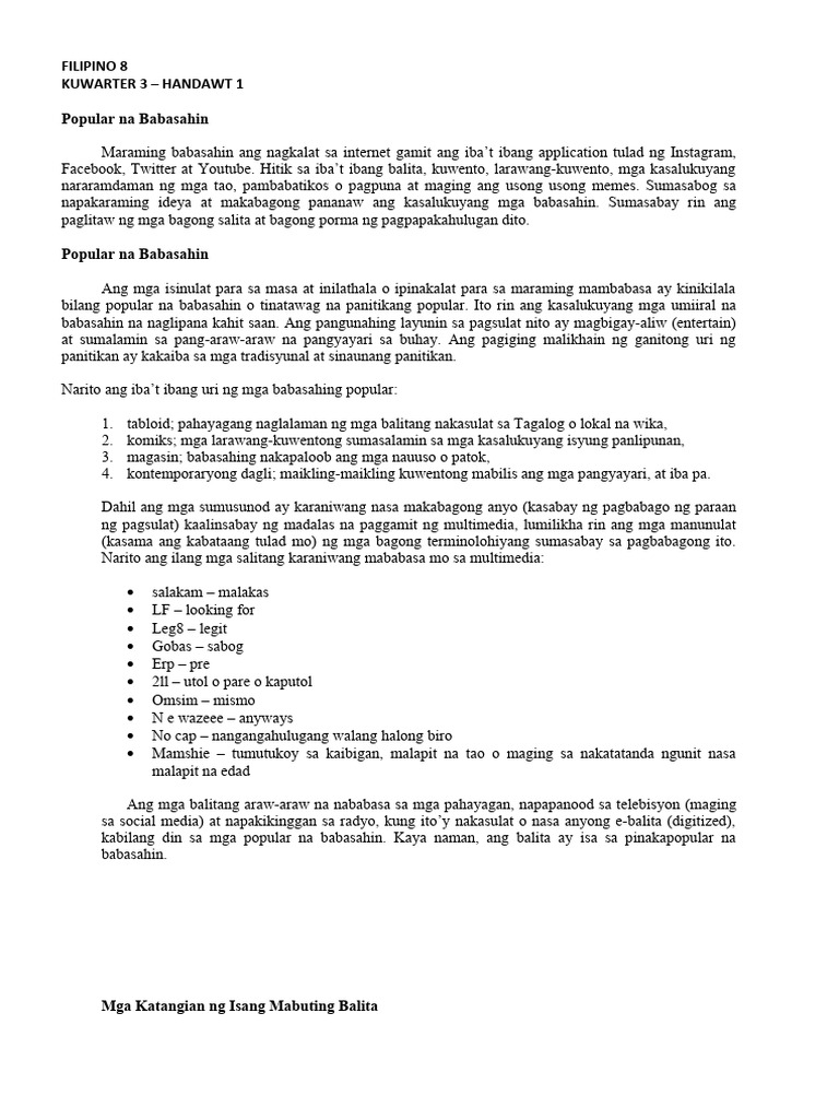 FILIPINO 8 Quarter 3 Wk.1 | PDF