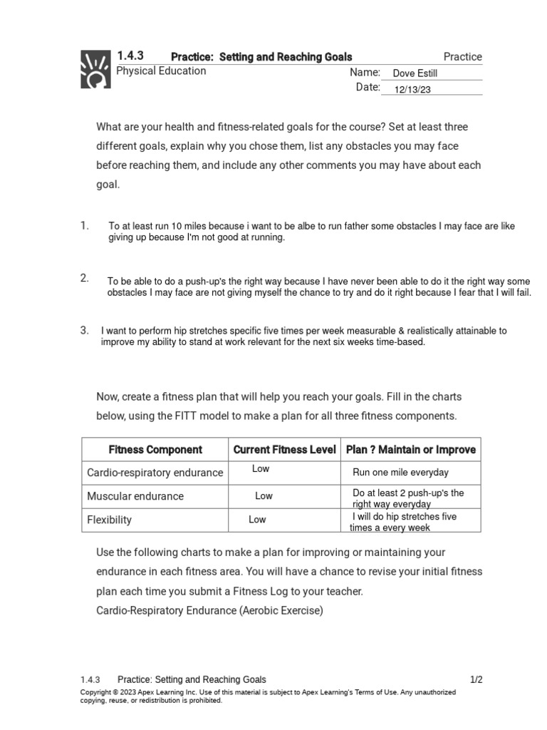 1.4.3 Practice - Setting and Reaching Goals Pe | PDF | Physical Fitness ...