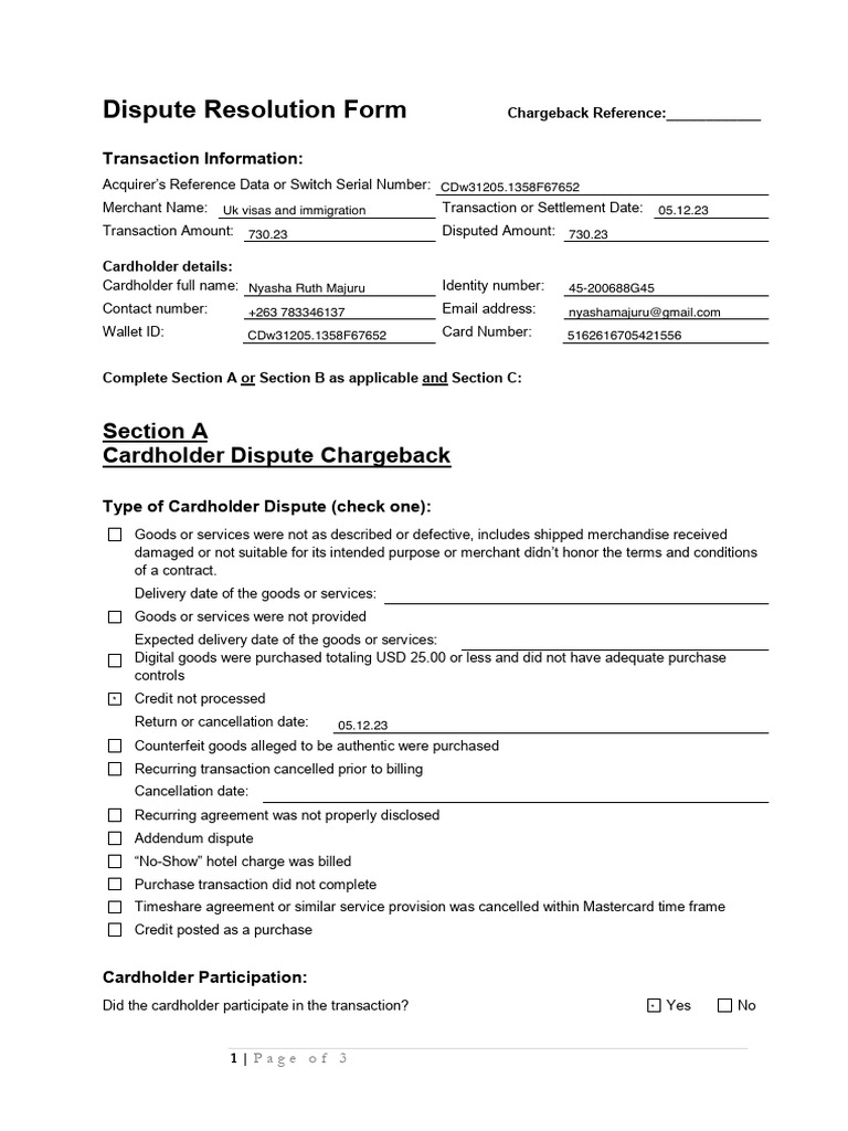 Dispute Resolution Form To Share | PDF | Credit Card | Debit Card