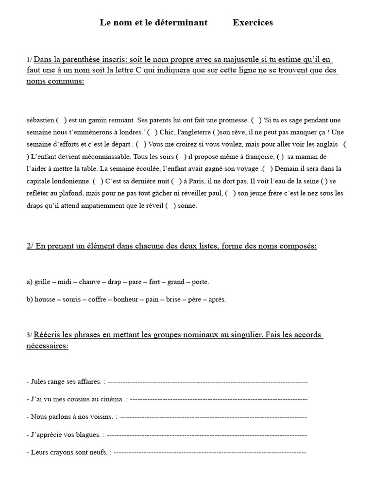 Exercices de Grammaire Le Nom Et Le Determinant 5eme Primaire | PDF