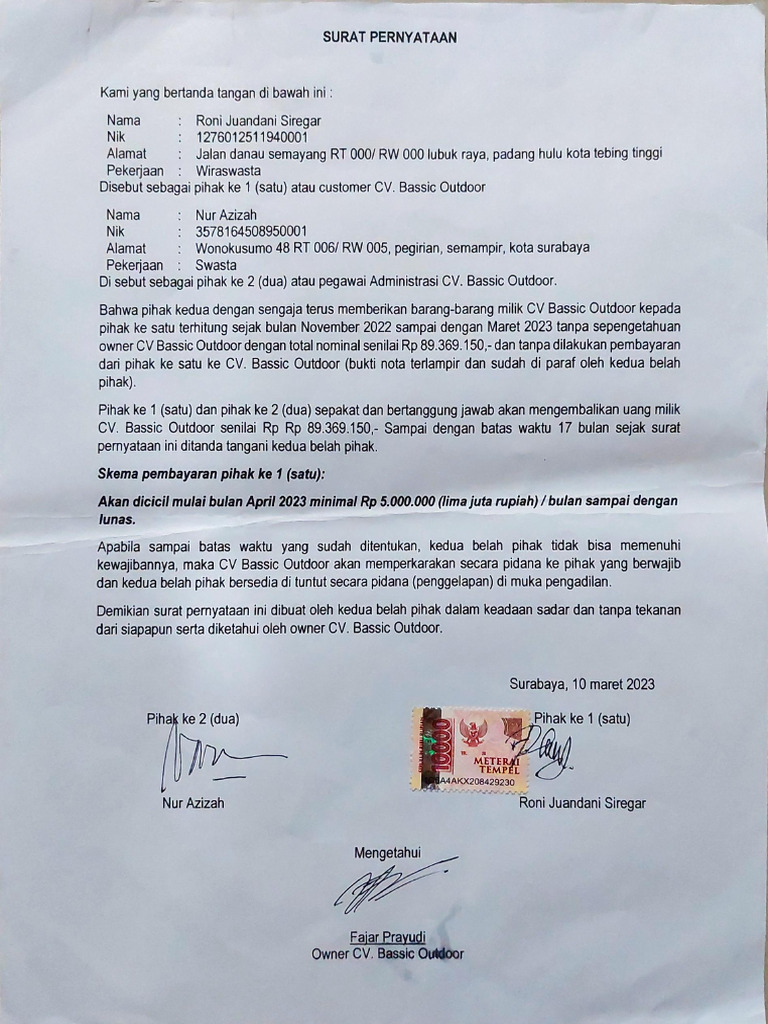 Surat Pernyataan Roni | PDF