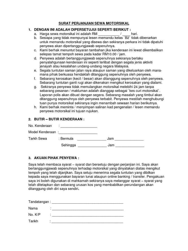 Surat Perjanjian Sewa Motorsikal | PDF