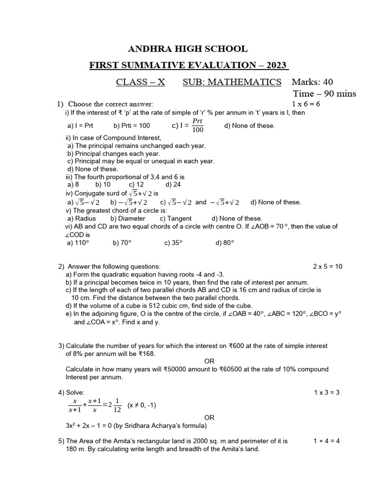 First Summative Evaluation | PDF | Circle | Volume