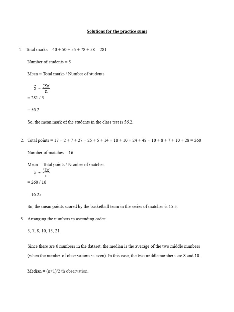 Solutions For The Practice Sums | PDF | Median | Quartile