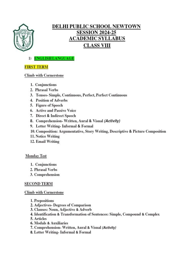 Class 8 Syllabus Dps Newtown | PDF | Verb | Adjective