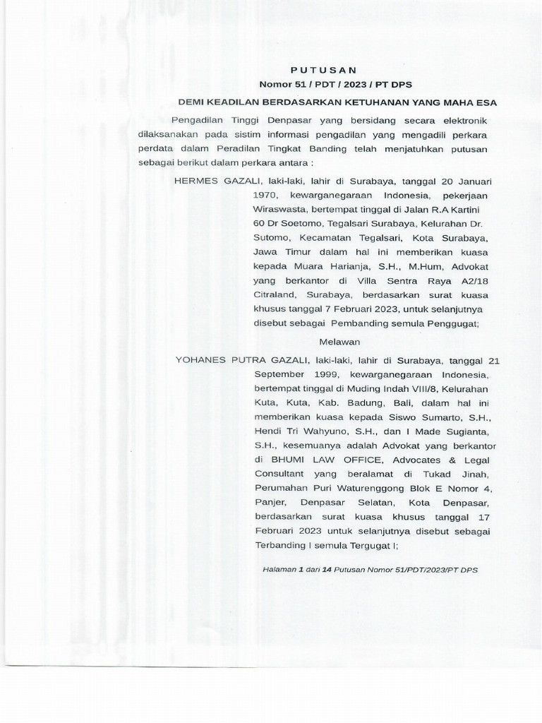 Salinan Putusan 51 PDT 2023 PT DPS Ada Keterangan Inkracht | PDF