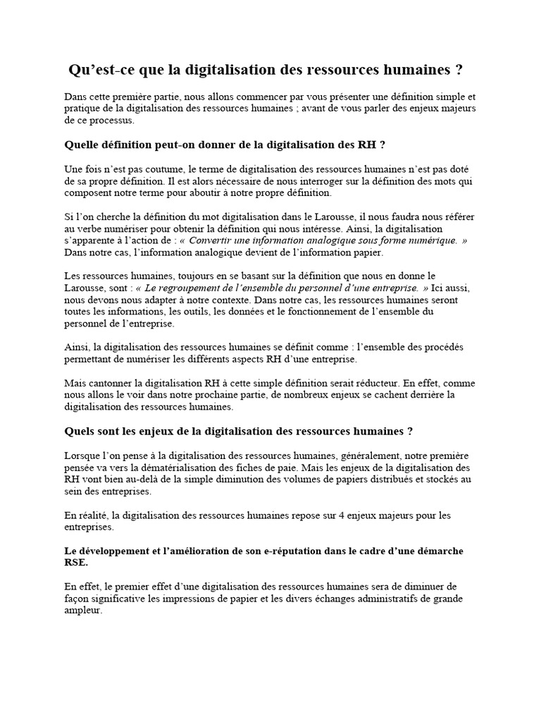Digitalisation des Ressources Humaines | PDF | Gestion des ressources ...