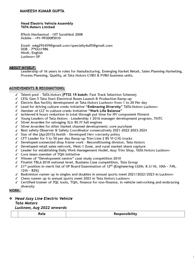 CV Maneesh Kumar Gupta - Head Electric Vehicle Assembly TATA Motors LTD | PDF | Bus | Electric ...