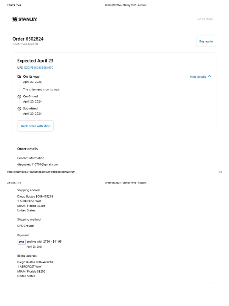 Order 6502824 - Stanley 1913 - Account | PDF
