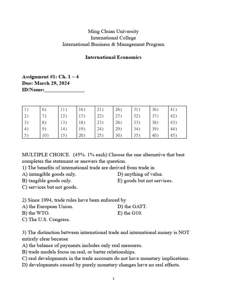 International Economics Assignment 1 | PDF | Comparative Advantage | Balance Of Payments
