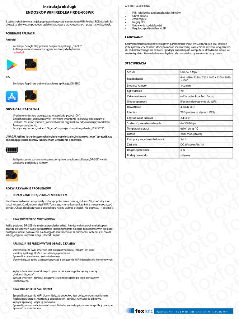 Instrukcja - Endoskop WiFi Redleaf RDE-605WR - Sztywny Kabel 5 M | PDF