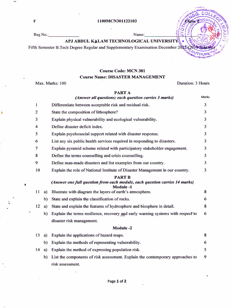 MCN 301 Disaster Management Syllabus | PDF | Emergency Management | Risk