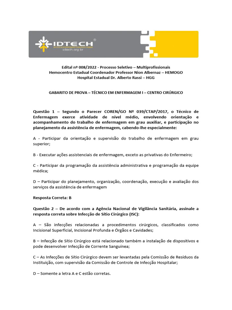 Gabarito de Prova - Tecnico em Enfermagem Centro Cirúrgico | PDF ... Gabarito de Prova - Tecnico em Enfermagem Centro Cirúrgico | PDF ...