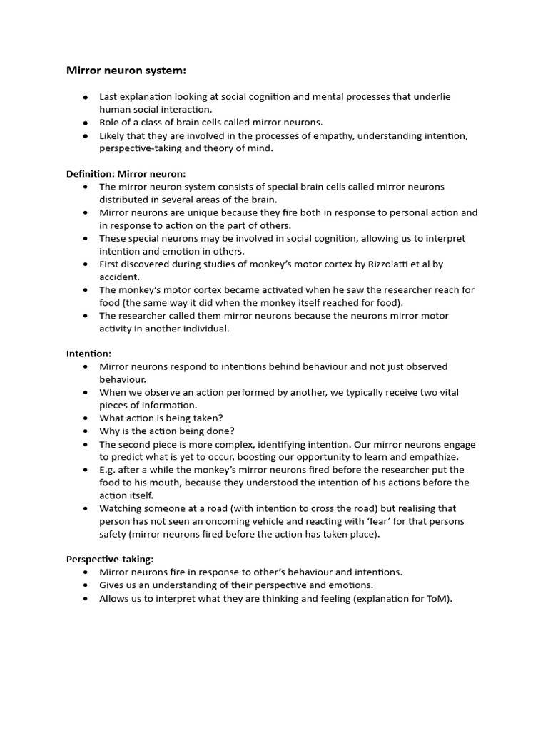 Mirror Neuron System | PDF | Empathy | Intention