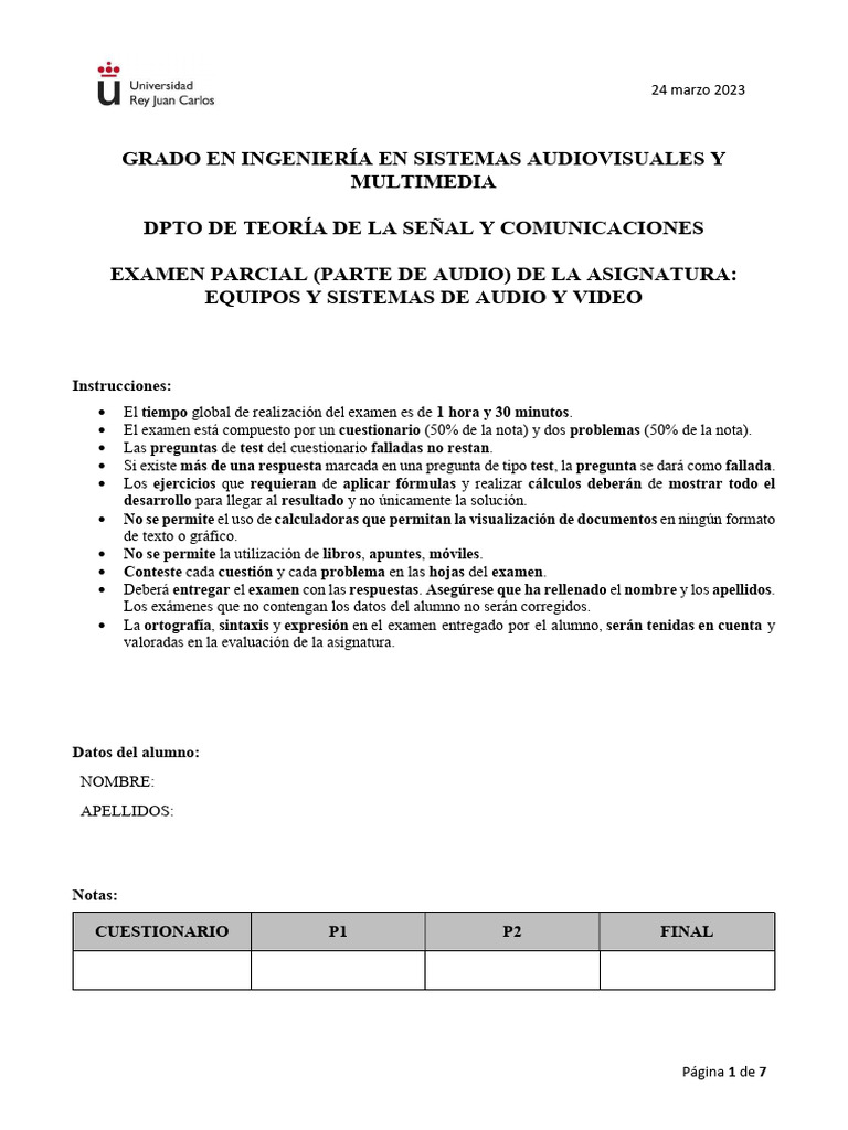 2021 Examen Parcial ESAV Audio Ordinario | PDF | Acústica | Electrónica