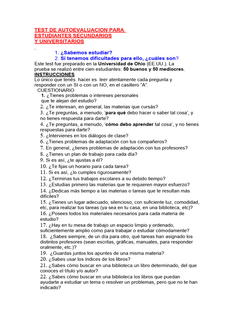 Test de Estudio para Estudiantes | PDF