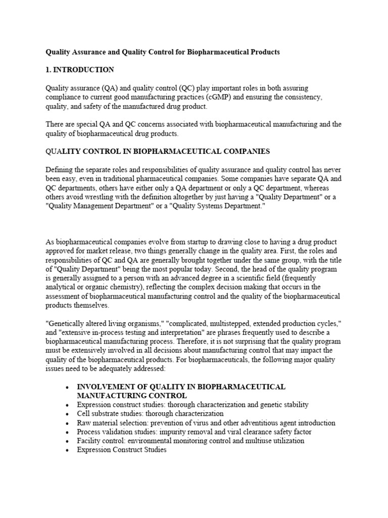 Quality Assurance and Quality Control For Biopharmaceutical Products ...