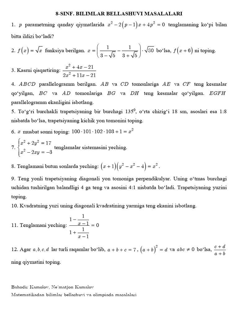 Masalalar 8-Sinf Misollar Toplami | PDF