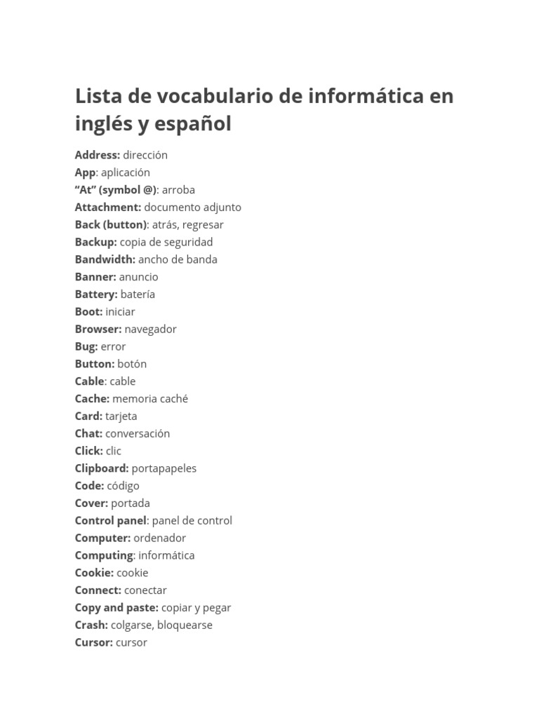 Lista de Vocabulario de Informática en Inglés y Español | PDF ...