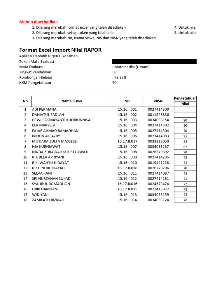 Format Excel Import Nilai RAPOR Kelas 8 | PDF