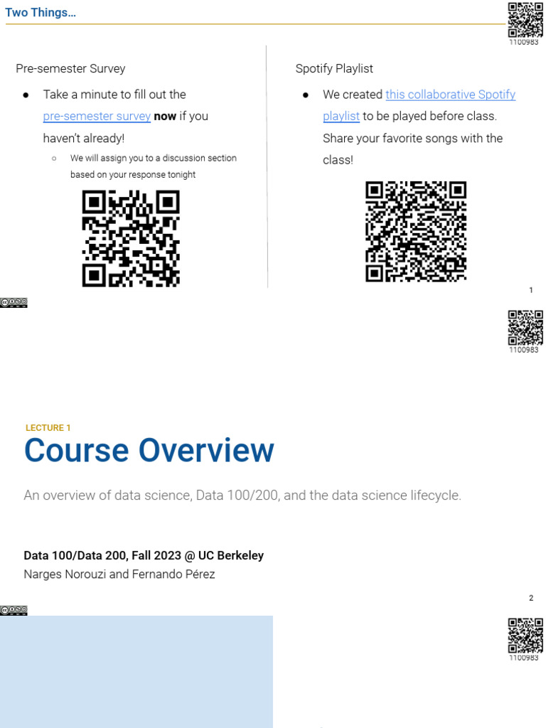 Lec 01 Ds100 Fa23 Course Overview Data Science Lifecycle Pdf Data Science Data 5211