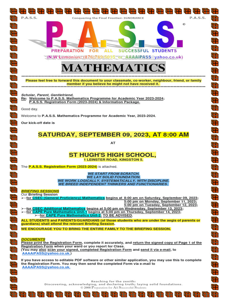 1A - Welcome To P.A.S.S. MATHEMATICS Academic Year 2023-2024 P.A.S.S ...