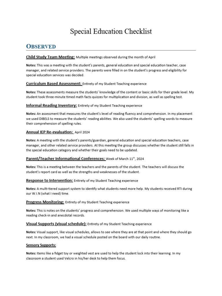 Special Education Checklist | PDF | Special Education | Individualized ...