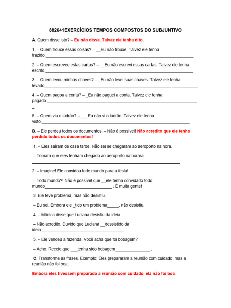 Tempos Compostos Do Subjuntivo - Exercicios. | PDF