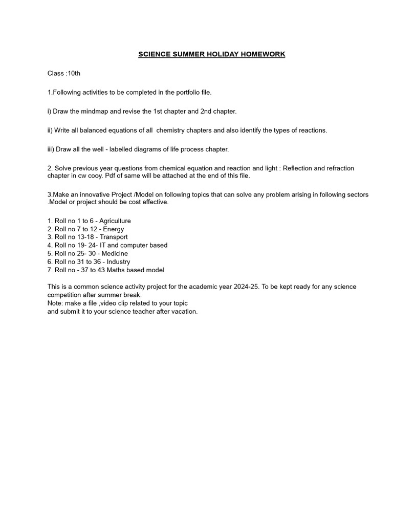 Summer Holiday Homework | PDF | Chemical Reactions | Redox