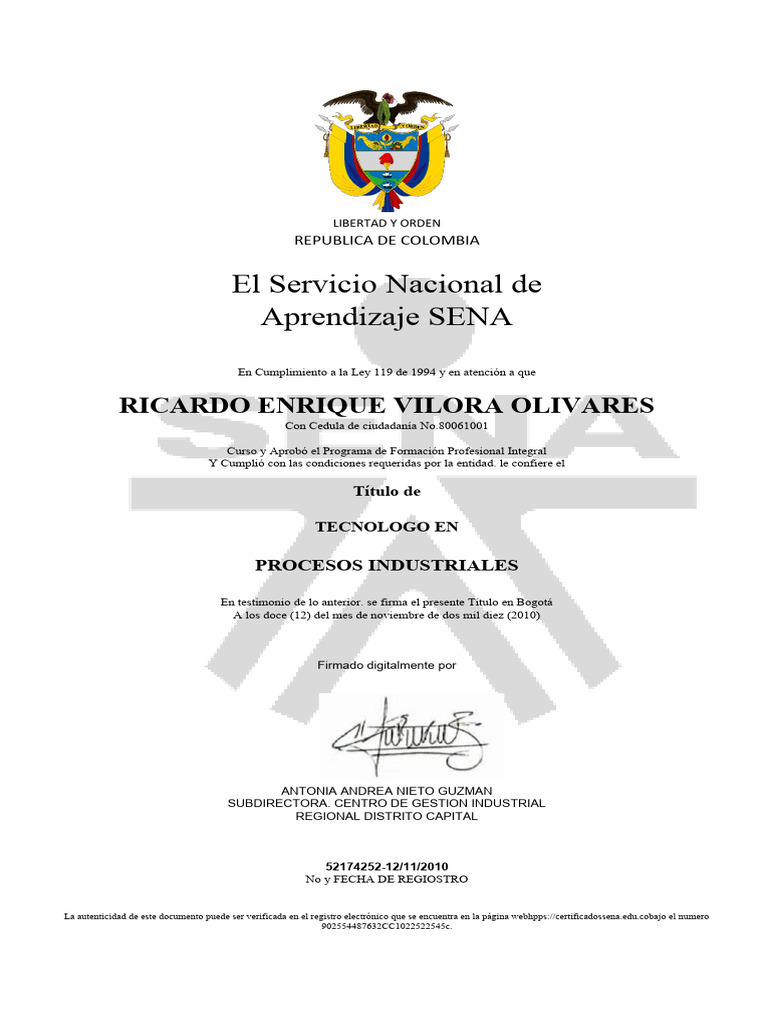 Formato Diploma Tecnico Sena | PDF