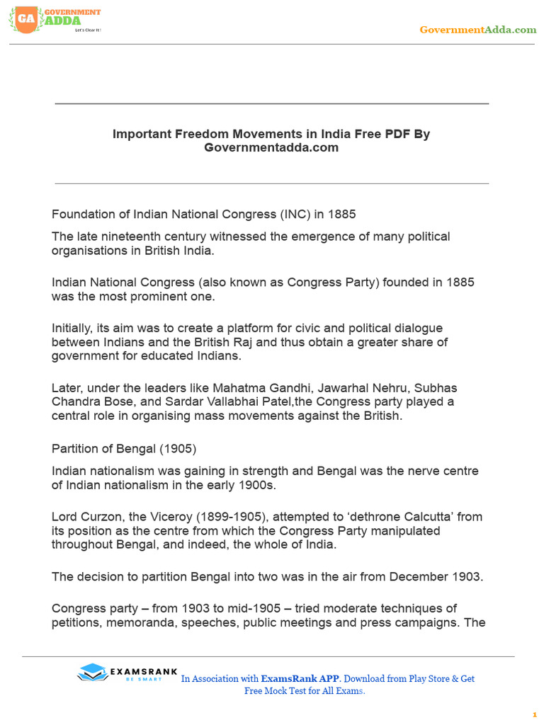 Important Freedom Movements in India Free PDF by Governmentadda | PDF ...