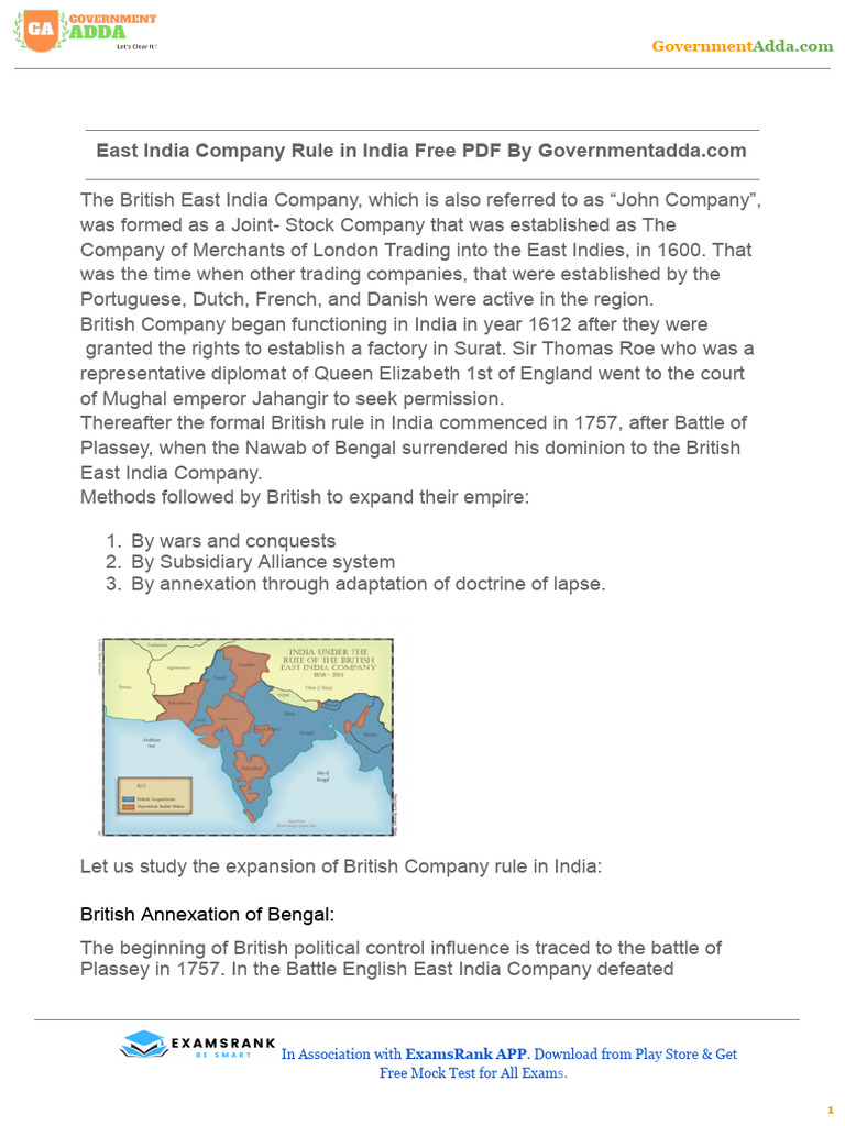 East India Company Rule in India Free PDF by Governmentadda Com | PDF ...