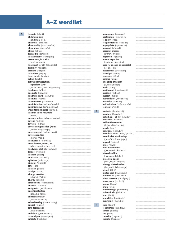 A–Z Vocabulary Wordlist | PDF | Medicine | Health Sciences