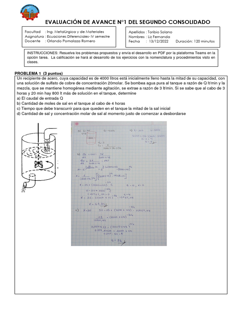 I Evaluación de Avance - 2do Consol. Toribio | PDF | Ecuaciones | sal