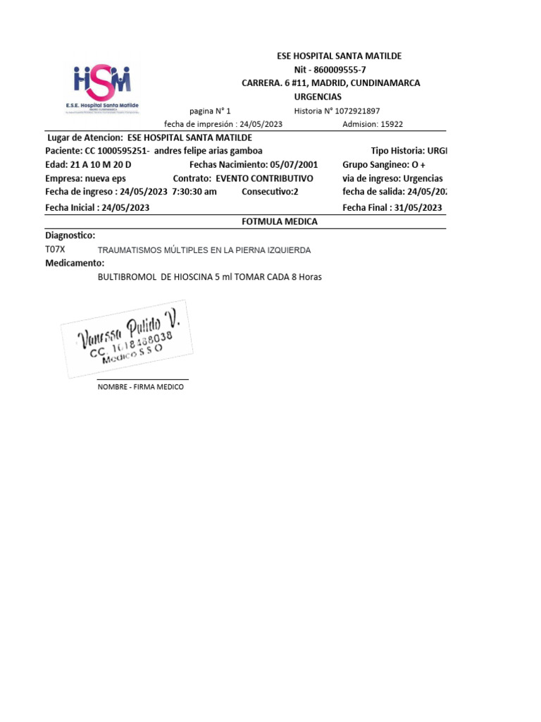 Formato Incapacidad Hospital San Matilde Madrid | PDF