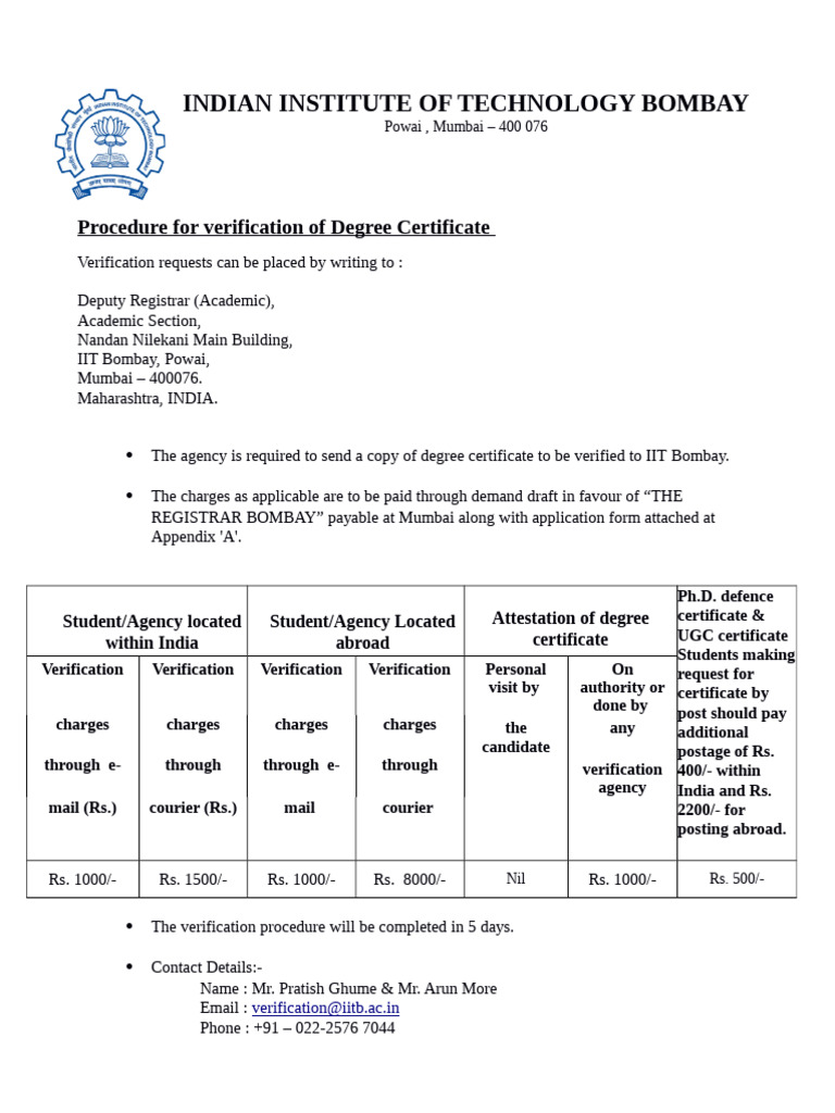 Indian Institute of Technology Bombay: Procedure For Verification of Degree Certificate | PDF ...